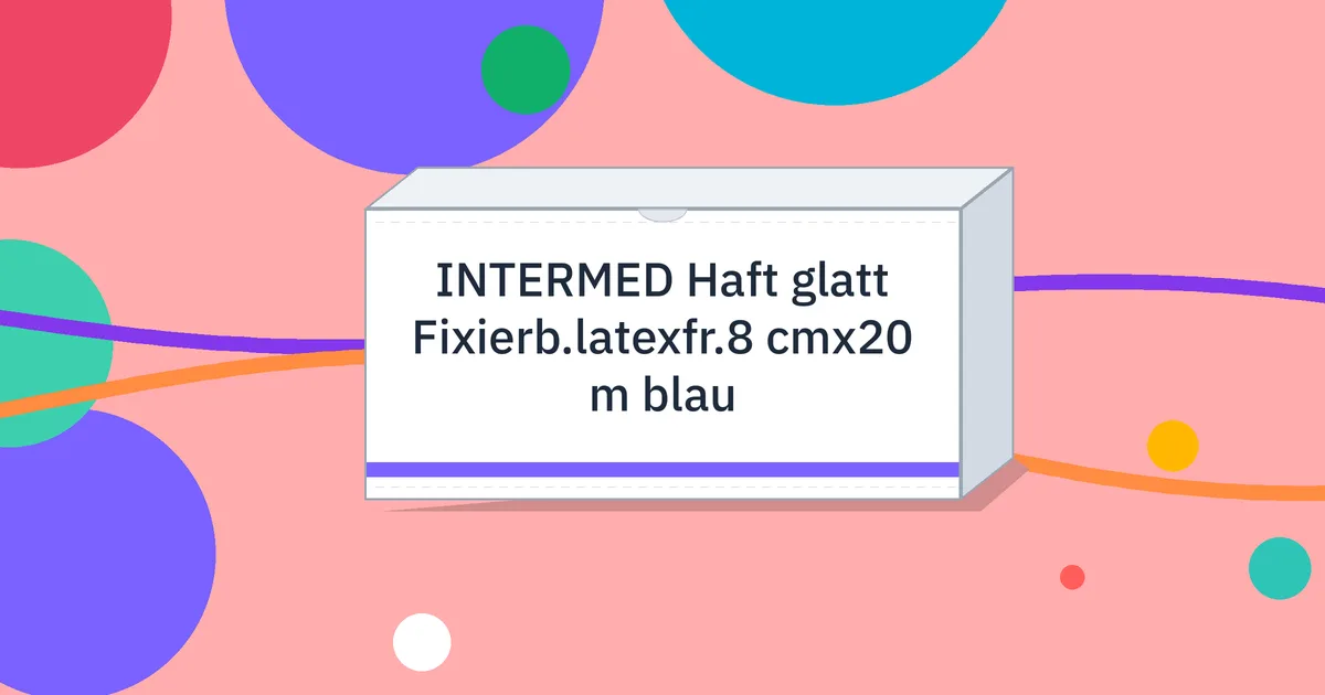 Symbolbild: Packung mit der Aufschrift INTERMED Haft glatt Fixierb.latexfr.8 cmx20 m blau (PZN 10944392) – Verfügbarkeit und Bezug in Apotheken in Frankfurt am Main