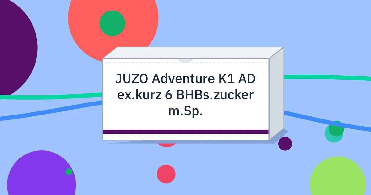 Symbolbild: Packung mit der Aufschrift JUZO Adventure K1 AD ex.kurz 6 BHBs.zucker m.Sp. (PZN 16343127) – Verfügbarkeit und Bezug in Apotheken in Frankfurt am Main