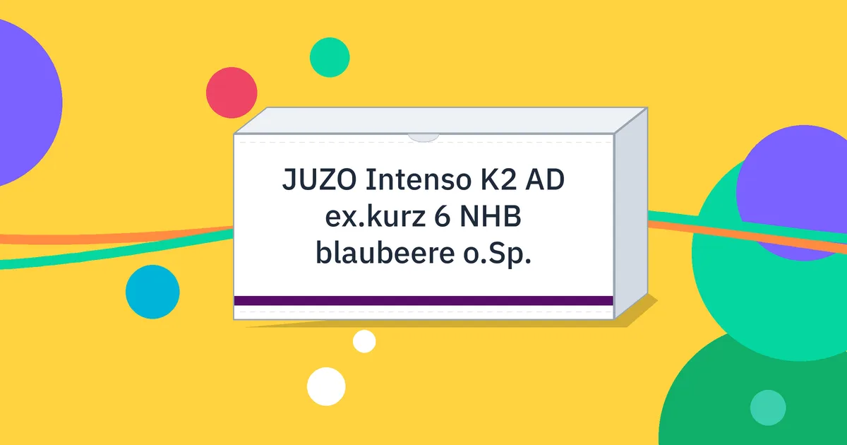 Symbolbild: Packung mit der Aufschrift JUZO Intenso K2 AD ex.kurz 6 NHB blaubeere o.Sp. (PZN 18622222) – Verfügbarkeit und Bezug in Apotheken in Frankfurt am Main