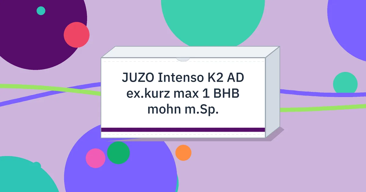 Symbolbild: Packung mit der Aufschrift JUZO Intenso K2 AD ex.kurz max 1 BHB mohn m.Sp. (PZN 18614085) – Verfügbarkeit und Bezug in Apotheken in Frankfurt am Main