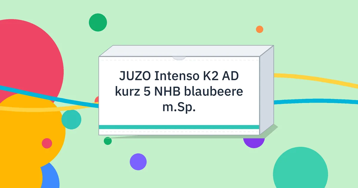 Symbolbild: Packung mit der Aufschrift JUZO Intenso K2 AD kurz 5 NHB blaubeere m.Sp. (PZN 18611075) – Verfügbarkeit und Bezug in Apotheken in Frankfurt am Main