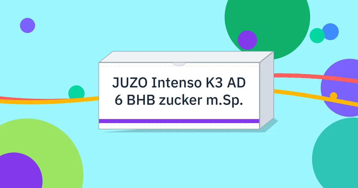 Symbolbild: Packung mit der Aufschrift JUZO Intenso K3 AD 6 BHB zucker m.Sp. (PZN 18634219) – Verfügbarkeit und Bezug in Apotheken in Frankfurt am Main
