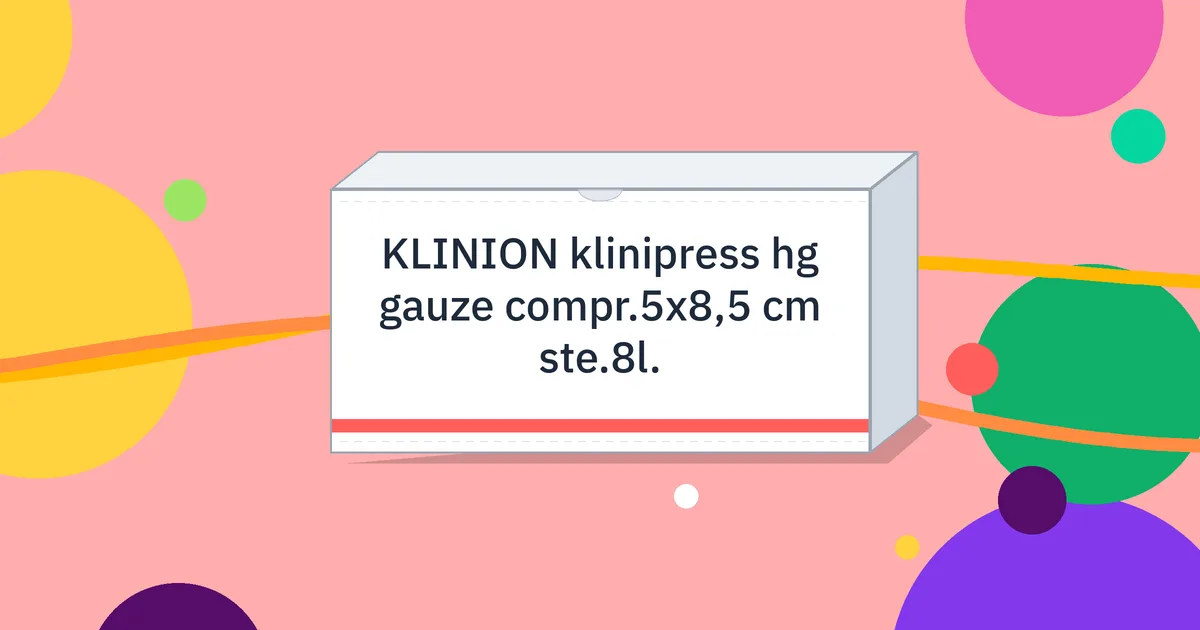 Symbolbild: Packung mit der Aufschrift KLINION klinipress hg gauze compr.5x8,5 cm ste.8l. (PZN 19808650) – Verfügbarkeit und Bezug in Apotheken in Frankfurt am Main