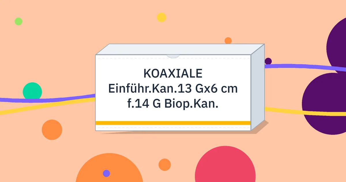Symbolbild: Packung mit der Aufschrift KOAXIALE Einführ.Kan.13 Gx6 cm f.14 G Biop.Kan. (PZN 06903648) – Verfügbarkeit und Bezug in Apotheken in Frankfurt am Main