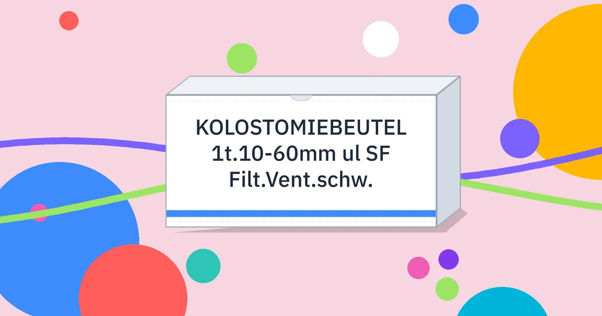 Symbolbild: Packung mit der Aufschrift KOLOSTOMIEBEUTEL 1t.10-60mm ul SF Filt.Vent.schw. (PZN 18423876) – Verfügbarkeit und Bezug in Apotheken in Frankfurt am Main