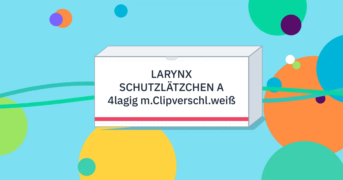 Symbolbild: Packung mit der Aufschrift LARYNX SCHUTZLÄTZCHEN A 4lagig m.Clipverschl.weiß (PZN 02397556) – Verfügbarkeit und Bezug in Apotheken in Frankfurt am Main