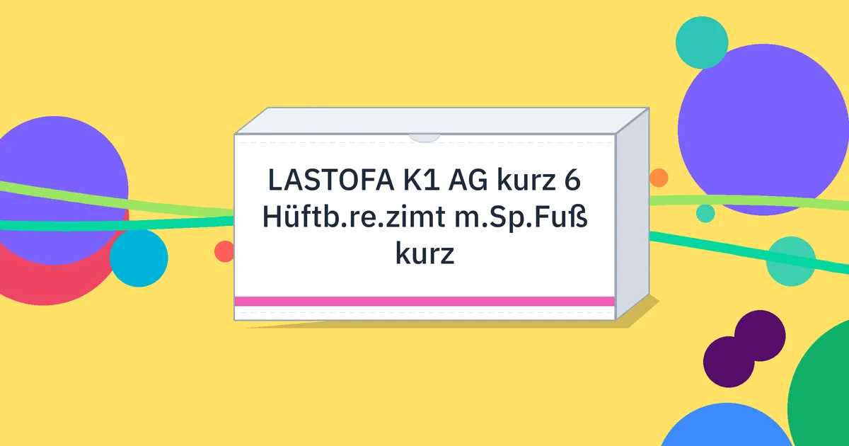 Symbolbild: Packung mit der Aufschrift LASTOFA K1 AG kurz 6 Hüftb.re.zimt m.Sp.Fuß kurz (PZN 13799105) – Verfügbarkeit und Bezug in Apotheken in Frankfurt am Main