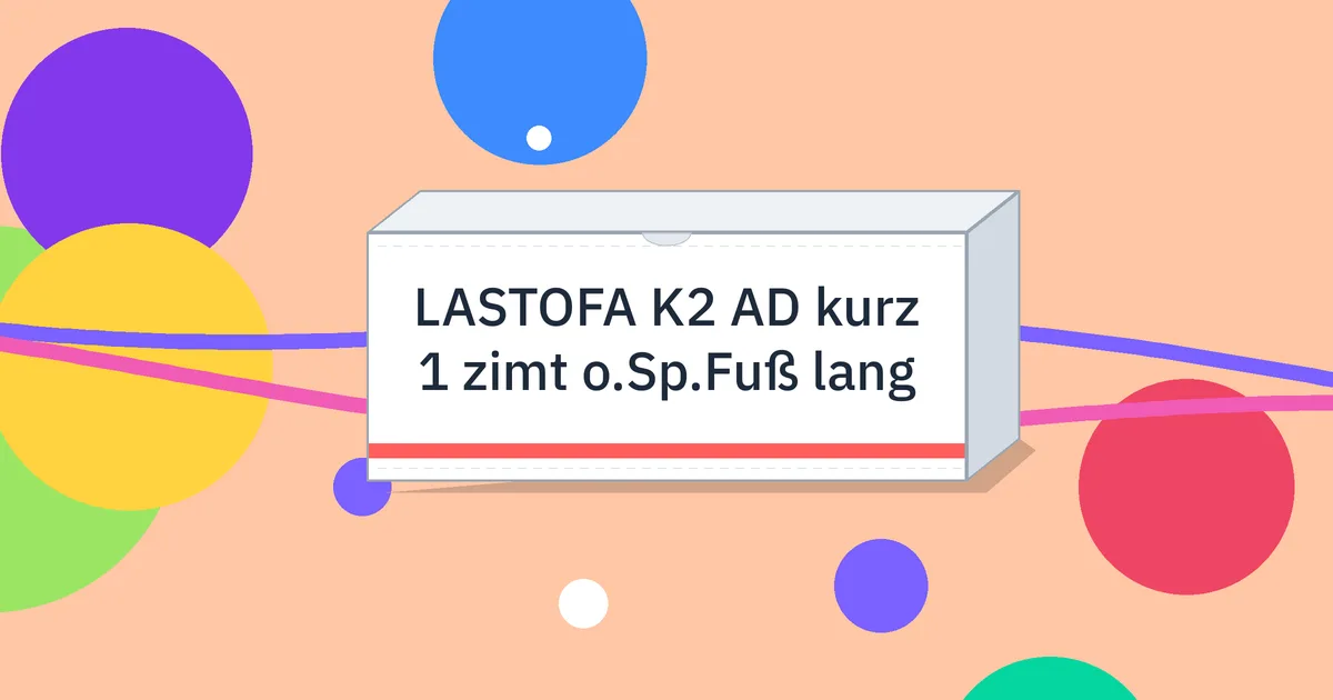 Symbolbild: Packung mit der Aufschrift LASTOFA K2 AD kurz 1 zimt o.Sp.Fuß lang (PZN 14146983) – Verfügbarkeit und Bezug in Apotheken in Frankfurt am Main