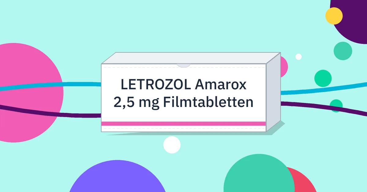 Symbolbild: Packung mit der Aufschrift LETROZOL Amarox 2,5 mg Filmtabletten (PZN 16369517) – Verfügbarkeit und Bezug in Apotheken in Frankfurt am Main