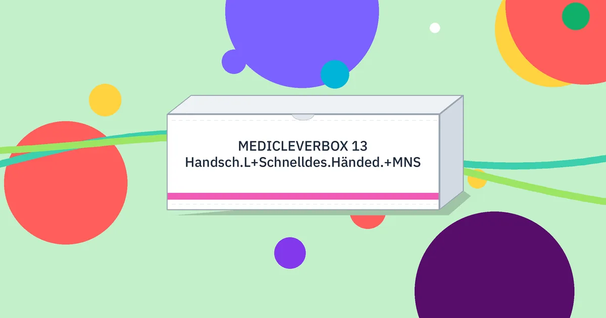 Symbolbild: Packung mit der Aufschrift MEDICLEVERBOX 13 Handsch.L+Schnelldes.Händed.+MNS (PZN 19053499) – Verfügbarkeit und Bezug in Apotheken in Frankfurt am Main