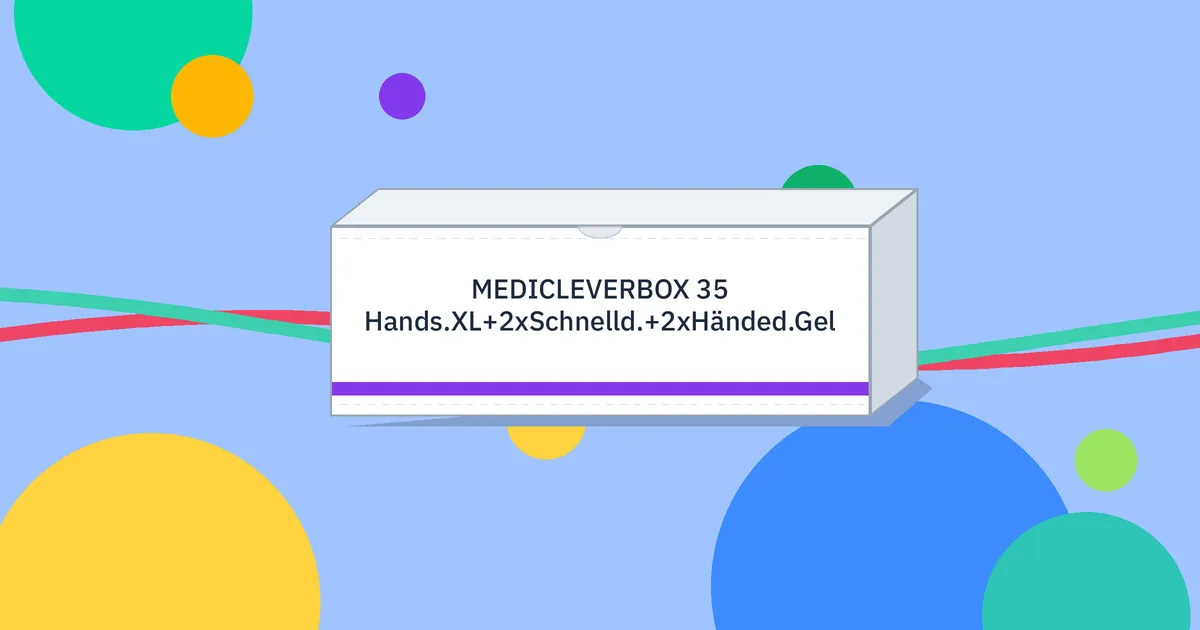 Symbolbild: Packung mit der Aufschrift MEDICLEVERBOX 35 Hands.XL+2xSchnelld.+2xHänded.Gel (PZN 19112724) – Verfügbarkeit und Bezug in Apotheken in Frankfurt am Main