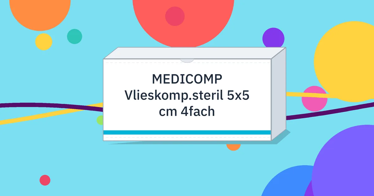 Symbolbild: Packung mit der Aufschrift MEDICOMP Vlieskomp.steril 5x5 cm 4fach (PZN 19367358) – Verfügbarkeit und Bezug in Apotheken in Frankfurt am Main