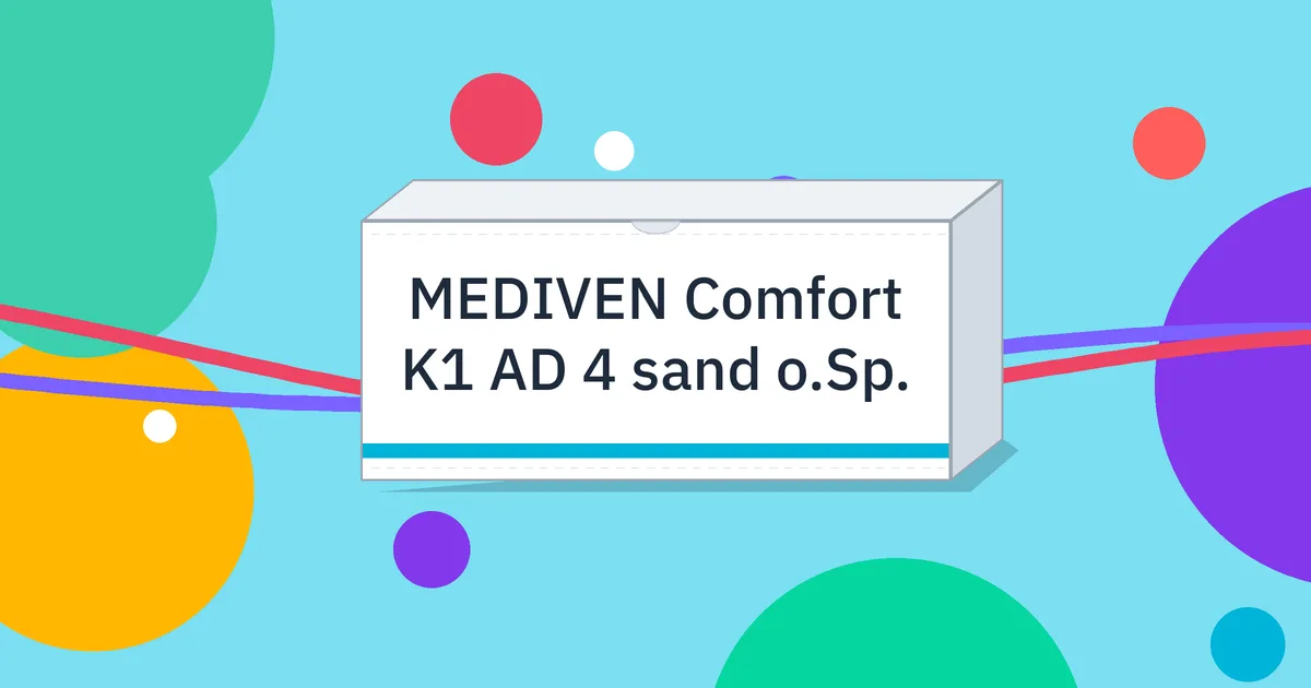Symbolbild: Packung mit der Aufschrift MEDIVEN Comfort K1 AD 4 sand o.Sp. (PZN 19005709) – Verfügbarkeit und Bezug in Apotheken in Frankfurt am Main
