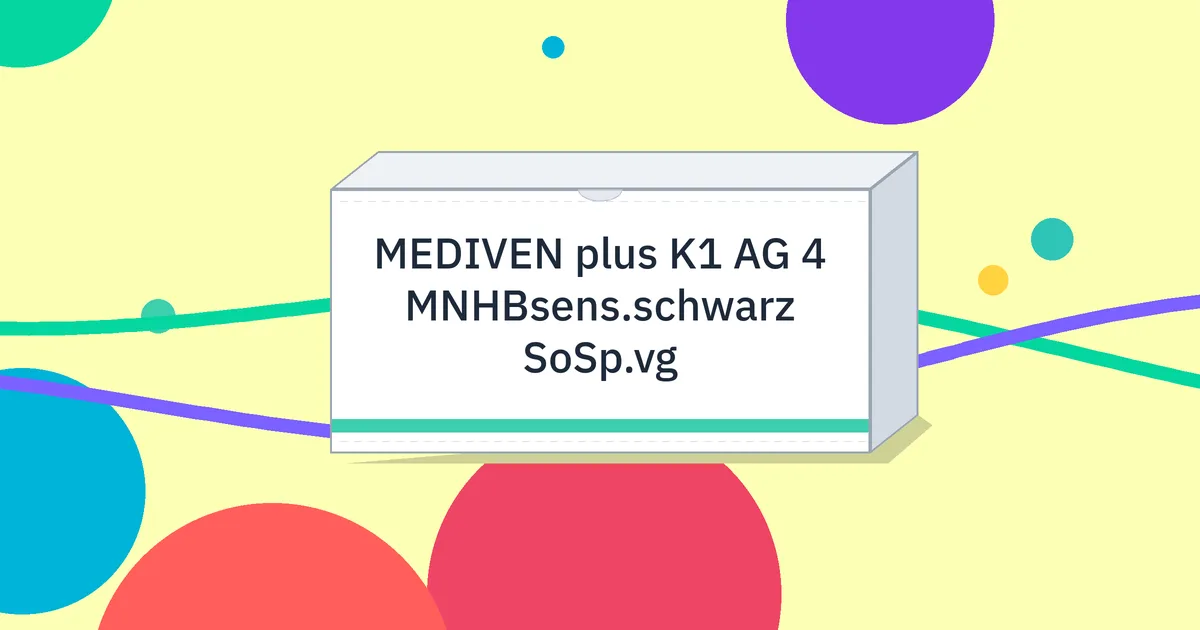 Symbolbild: Packung mit der Aufschrift MEDIVEN plus K1 AG 4 MNHBsens.schwarz SoSp.vg (PZN 16072645) – Verfügbarkeit und Bezug in Apotheken in Frankfurt am Main