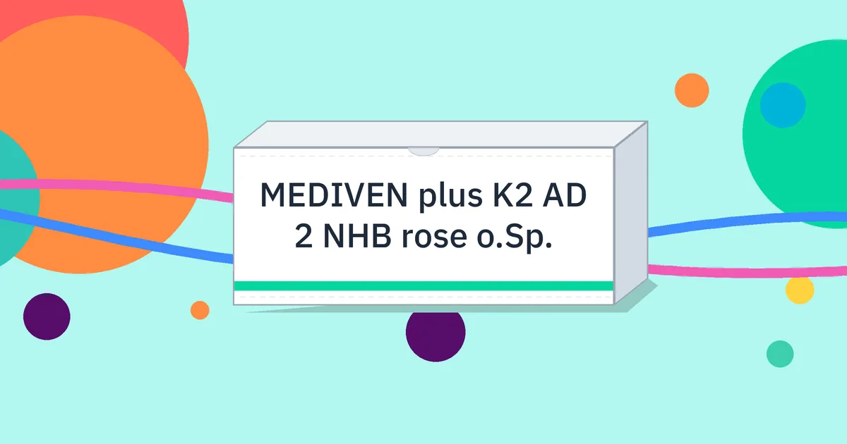 Symbolbild: Packung mit der Aufschrift MEDIVEN plus K2 AD 2 NHB rose o.Sp. (PZN 15936492) – Verfügbarkeit und Bezug in Apotheken in Frankfurt am Main
