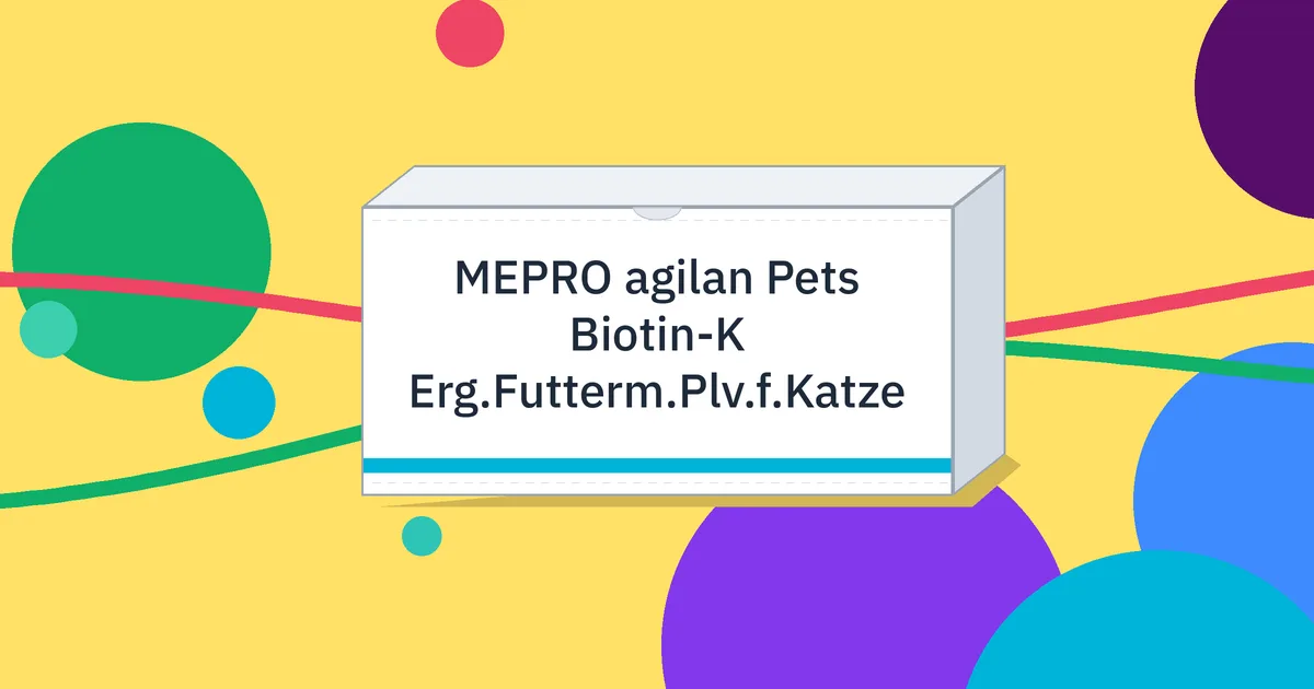 Symbolbild: Packung mit der Aufschrift MEPRO agilan Pets Biotin-K Erg.Futterm.Plv.f.Katze (PZN 16893595) – Verfügbarkeit und Bezug in Apotheken in Frankfurt am Main