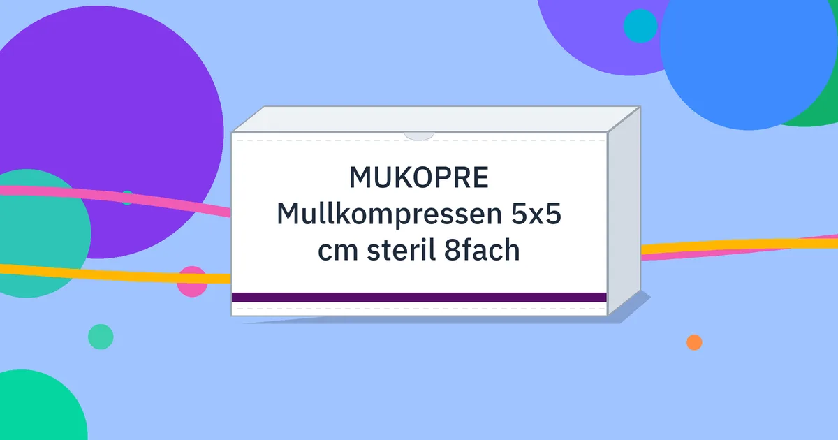 Symbolbild: Packung mit der Aufschrift MUKOPRE Mullkompressen 5x5 cm steril 8fach (PZN 19721191) – Verfügbarkeit und Bezug in Apotheken in Frankfurt am Main