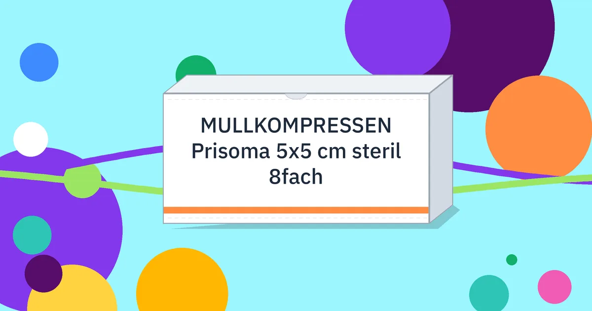 Symbolbild: Packung mit der Aufschrift MULLKOMPRESSEN Prisoma 5x5 cm steril 8fach (PZN 18752048) – Verfügbarkeit und Bezug in Apotheken in Frankfurt am Main