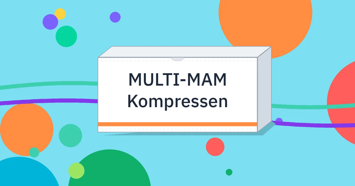 Symbolbild: Packung mit der Aufschrift MULTI-MAM Kompressen (PZN 04952565) – Verfügbarkeit und Bezug in Apotheken in Frankfurt am Main