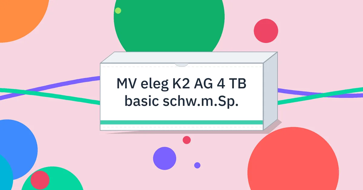 Symbolbild: Packung mit der Aufschrift MV eleg K2 AG 4 TB basic schw.m.Sp. (PZN 00221356) – Verfügbarkeit und Bezug in Apotheken in Frankfurt am Main