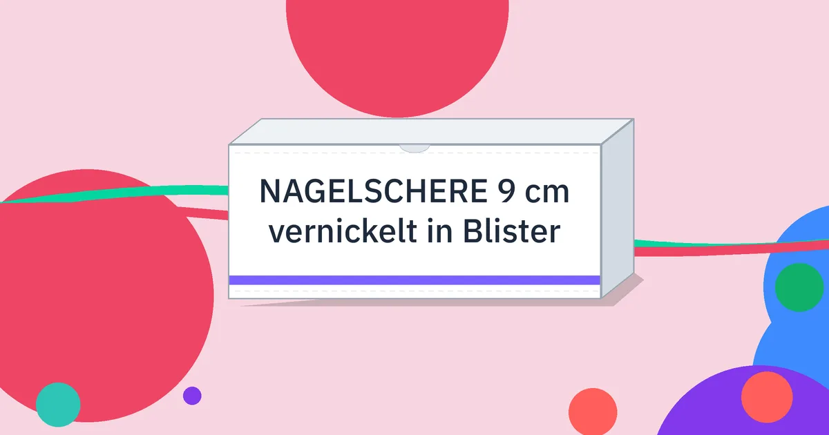 Symbolbild: Packung mit der Aufschrift NAGELSCHERE 9 cm vernickelt in Blister (PZN 18155217) – Verfügbarkeit und Bezug in Apotheken in Frankfurt am Main