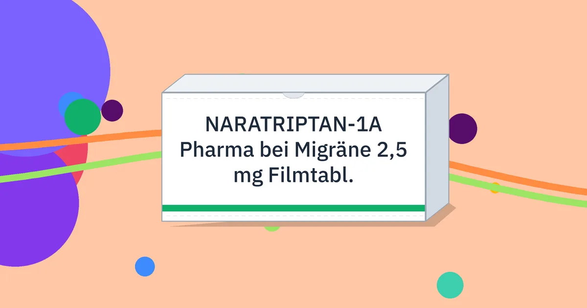 Symbolbild: Packung mit der Aufschrift NARATRIPTAN-1A Pharma bei Migräne 2,5 mg Filmtabl. (PZN 09322478) – Verfügbarkeit und Bezug in Apotheken in Frankfurt am Main