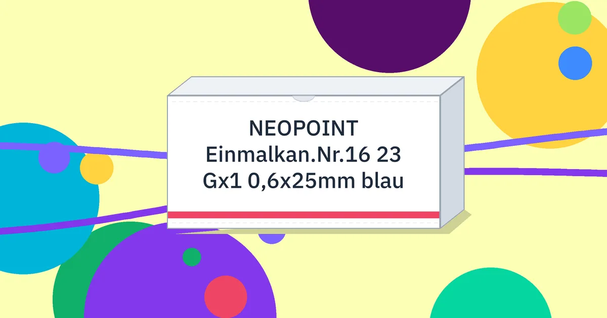 Symbolbild: Packung mit der Aufschrift NEOPOINT Einmalkan.Nr.16 23 Gx1 0,6x25mm blau (PZN 13873132) – Verfügbarkeit und Bezug in Apotheken in Frankfurt am Main