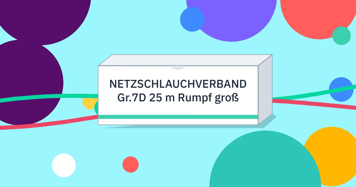 Symbolbild: Packung mit der Aufschrift NETZSCHLAUCHVERBAND Gr.7D 25 m Rumpf groß (PZN 12775947) – Verfügbarkeit und Bezug in Apotheken in Frankfurt am Main