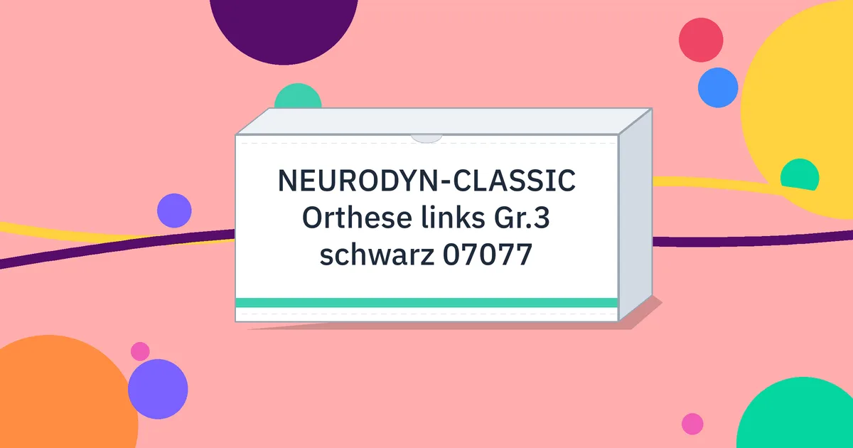Symbolbild: Packung mit der Aufschrift NEURODYN-CLASSIC Orthese links Gr.3 schwarz 07077 (PZN 05017181) – Verfügbarkeit und Bezug in Apotheken in Frankfurt am Main