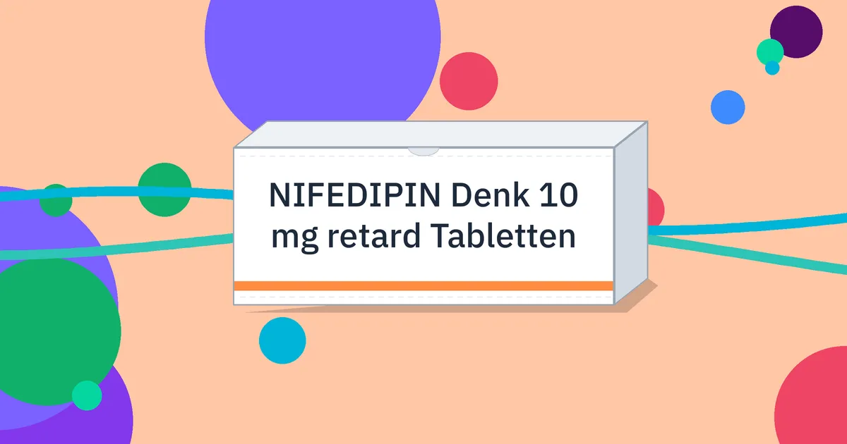 Symbolbild: Packung mit der Aufschrift NIFEDIPIN Denk 10 mg retard Tabletten (PZN 18054284) – Verfügbarkeit und Bezug in Apotheken in Frankfurt am Main