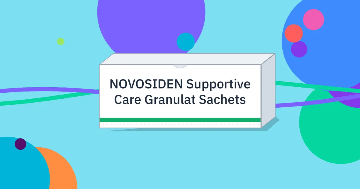 Symbolbild: Packung mit der Aufschrift NOVOSIDEN Supportive Care Granulat Sachets (PZN 20187294) – Verfügbarkeit und Bezug in Apotheken in Frankfurt am Main