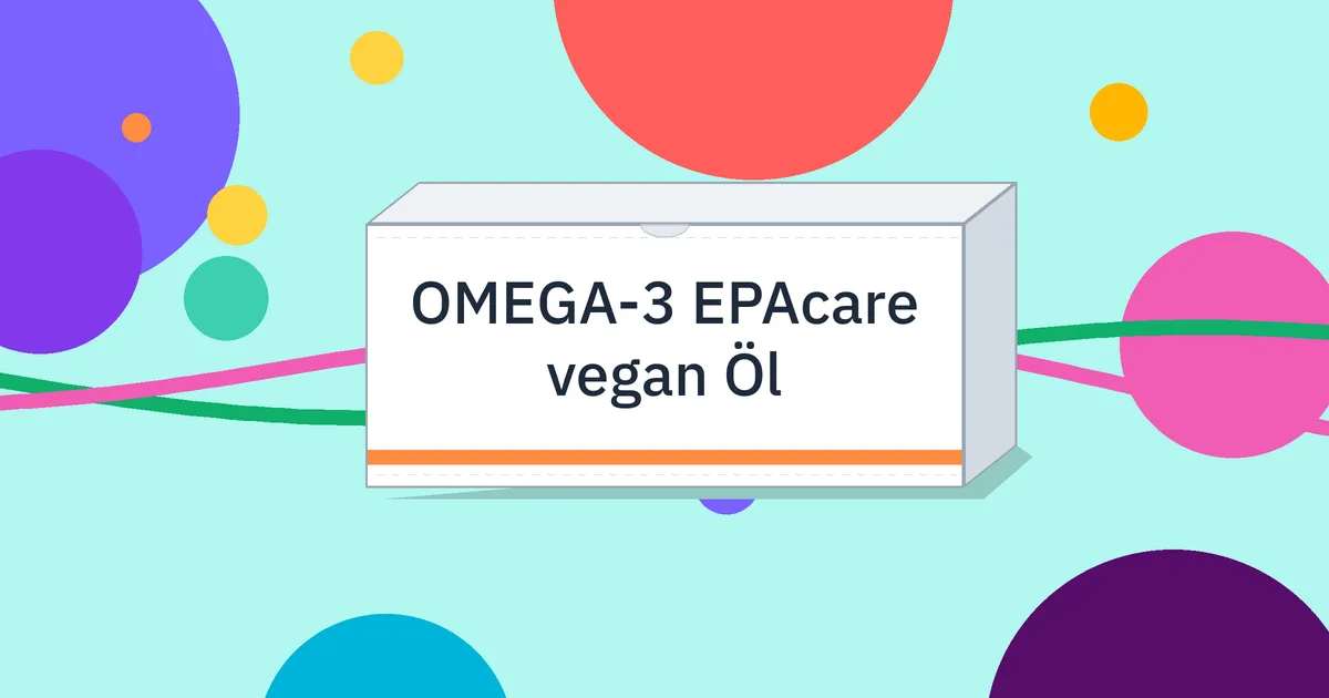 Symbolbild: Packung mit der Aufschrift OMEGA-3 EPAcare vegan Öl (PZN 20199943) – Verfügbarkeit und Bezug in Apotheken in Frankfurt am Main