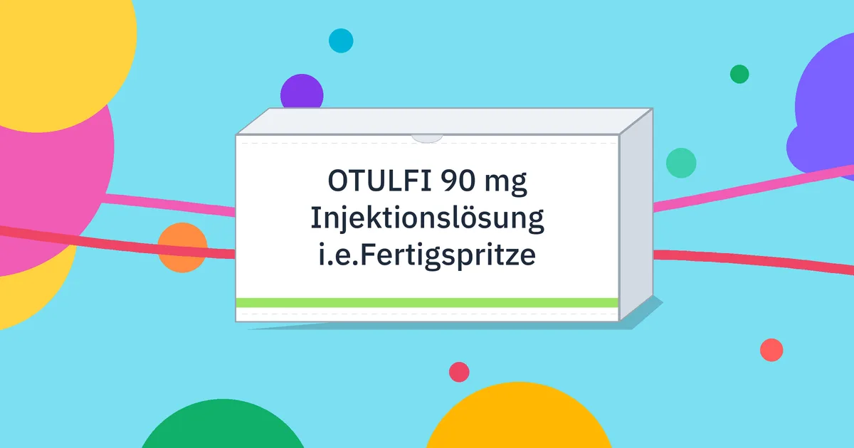 Symbolbild: Packung mit der Aufschrift OTULFI 90 mg Injektionslösung i.e.Fertigspritze (PZN 20467711) – Verfügbarkeit und Bezug in Apotheken in Frankfurt am Main