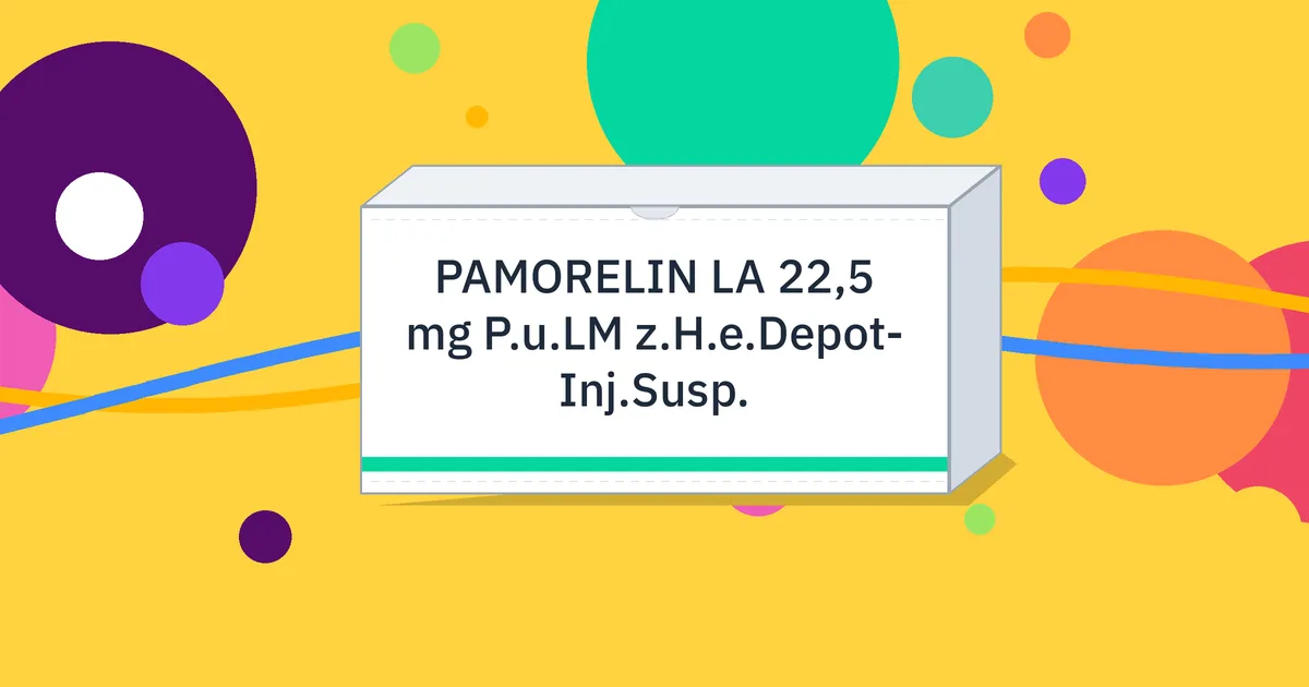 Symbolbild: Packung mit der Aufschrift PAMORELIN LA 22,5 mg P.u.LM z.H.e.Depot-Inj.Susp. (PZN 16703703) – Verfügbarkeit und Bezug in Apotheken in Frankfurt am Main