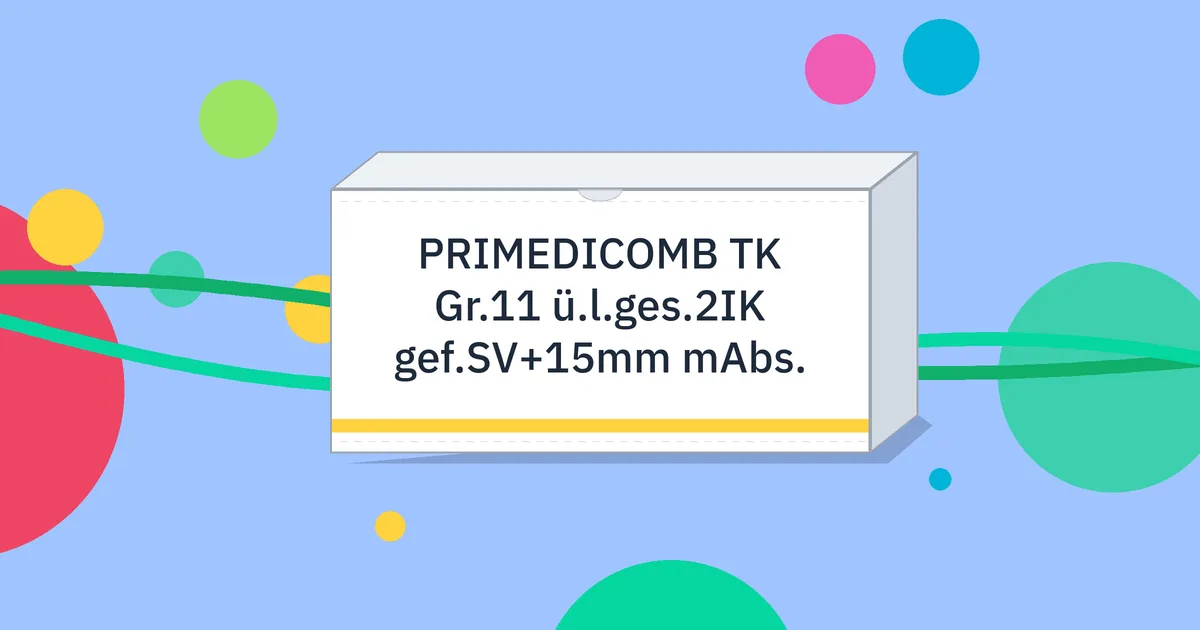 Symbolbild: Packung mit der Aufschrift PRIMEDICOMB TK Gr.11 ü.l.ges.2IK gef.SV+15mm mAbs. (PZN 11375996) – Verfügbarkeit und Bezug in Apotheken in Frankfurt am Main