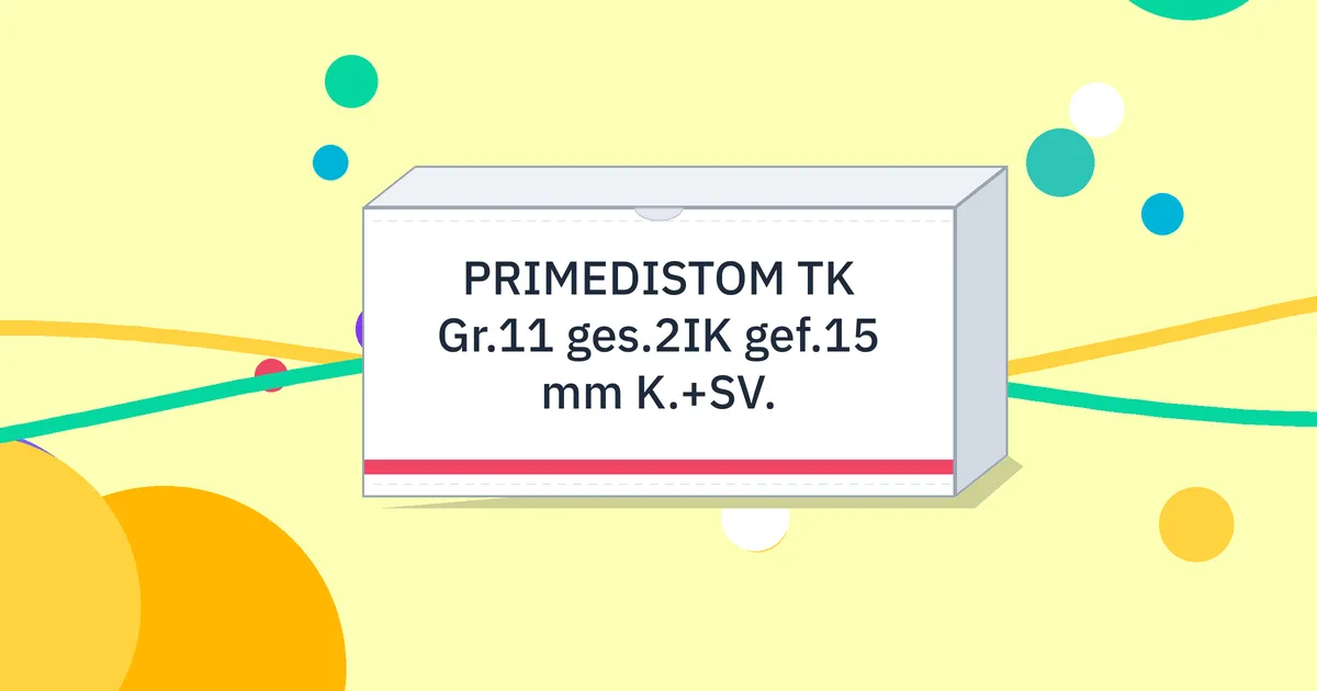 Symbolbild: Packung mit der Aufschrift PRIMEDISTOM TK Gr.11 ges.2IK gef.15 mm K.+SV. (PZN 10928281) – Verfügbarkeit und Bezug in Apotheken in Frankfurt am Main