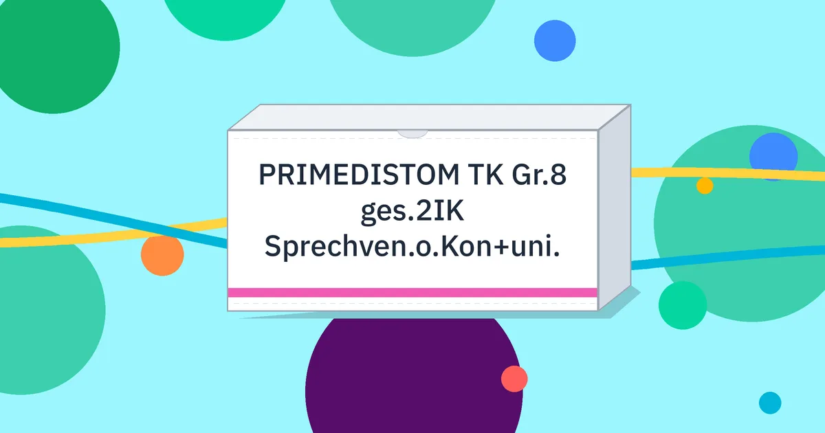 Symbolbild: Packung mit der Aufschrift PRIMEDISTOM TK Gr.8 ges.2IK Sprechven.o.Kon+uni. (PZN 10209190) – Verfügbarkeit und Bezug in Apotheken in Frankfurt am Main