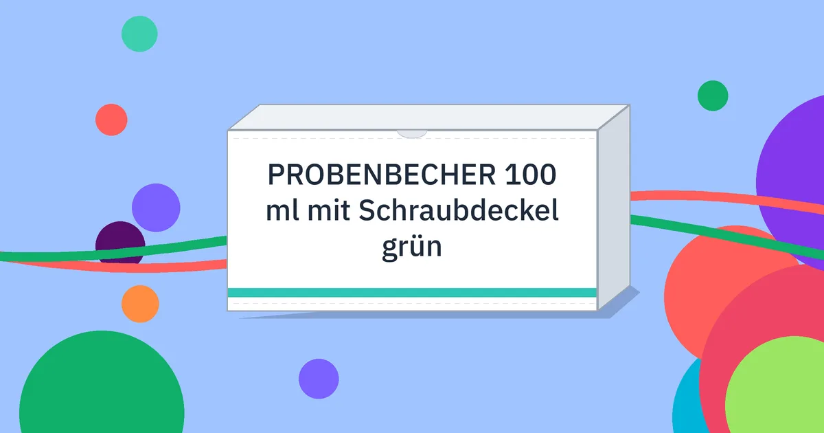 Symbolbild: Packung mit der Aufschrift PROBENBECHER 100 ml mit Schraubdeckel grün (PZN 18398210) – Verfügbarkeit und Bezug in Apotheken in Frankfurt am Main