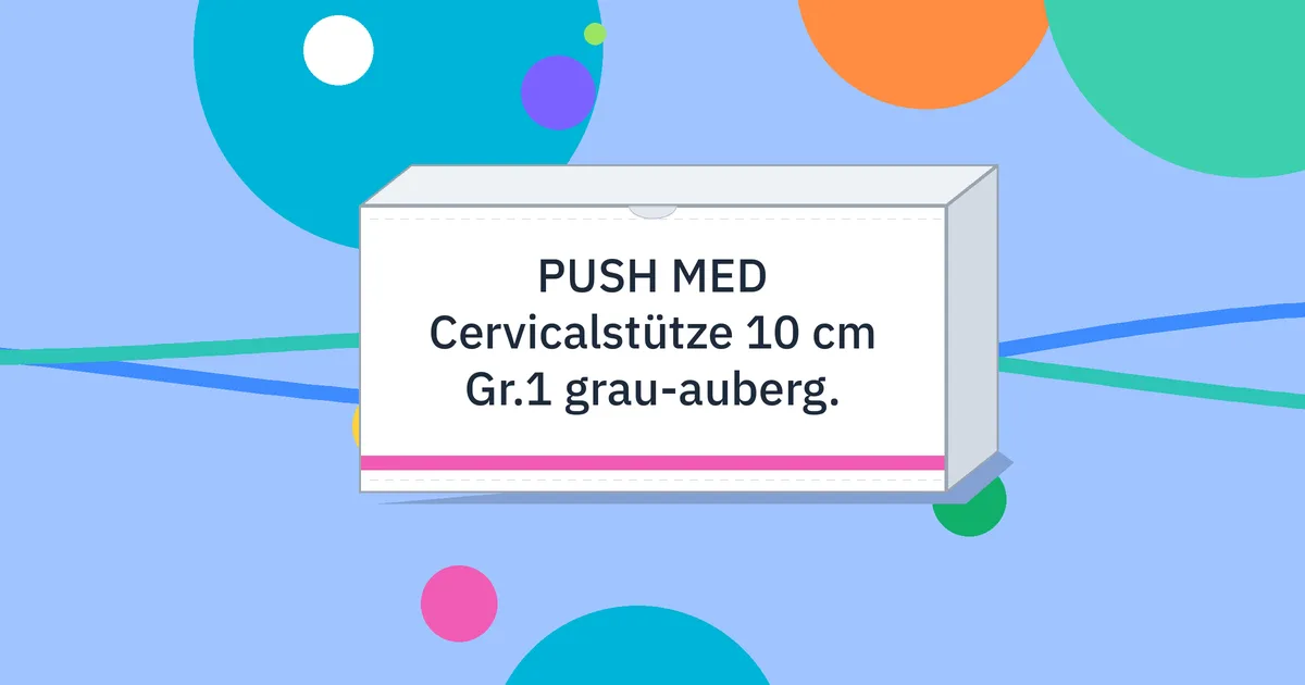 Symbolbild: Packung mit der Aufschrift PUSH MED Cervicalstütze 10 cm Gr.1 grau-auberg. (PZN 04859794) – Verfügbarkeit und Bezug in Apotheken in Frankfurt am Main