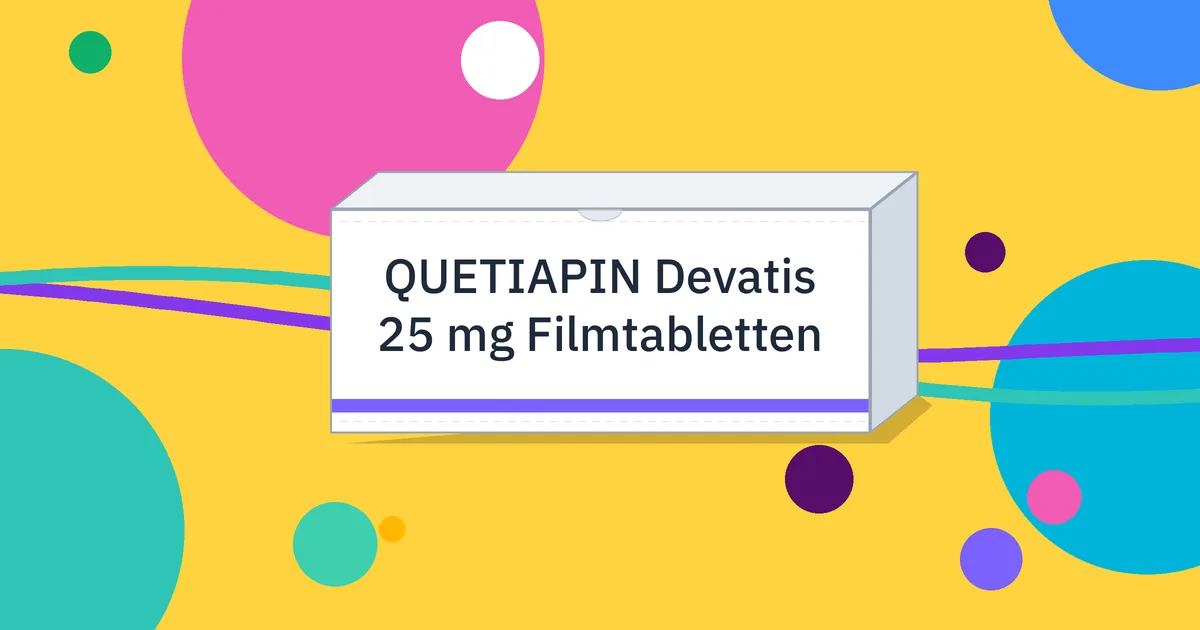 Symbolbild: Packung mit der Aufschrift QUETIAPIN Devatis 25 mg Filmtabletten (PZN 11484001) – Verfügbarkeit und Bezug in Apotheken in Frankfurt am Main