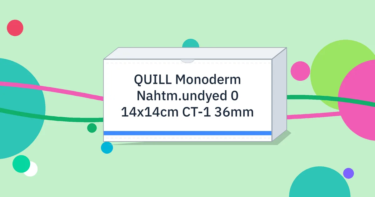 Symbolbild: Packung mit der Aufschrift QUILL Monoderm Nahtm.undyed 0 14x14cm CT-1 36mm (PZN 17988547) – Verfügbarkeit und Bezug in Apotheken in Frankfurt am Main
