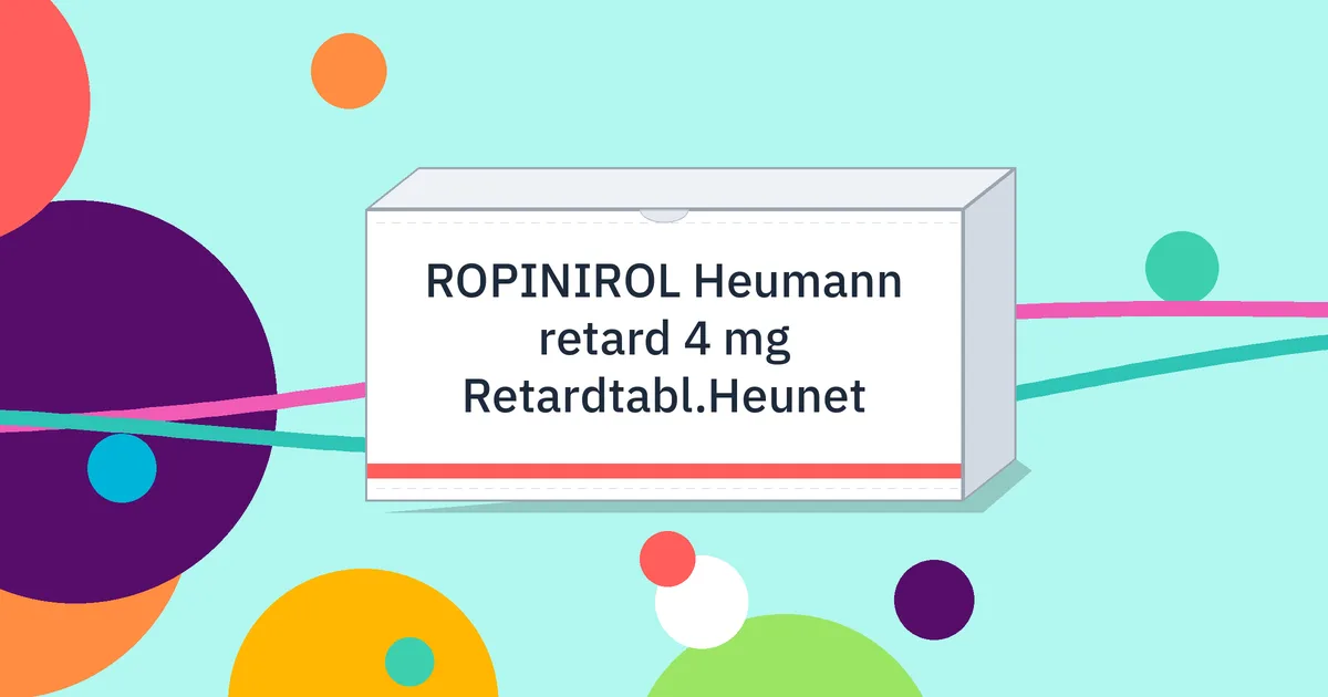 Symbolbild: Packung mit der Aufschrift ROPINIROL Heumann retard 4 mg Retardtabl.Heunet (PZN 16198464) – Verfügbarkeit und Bezug in Apotheken in Frankfurt am Main