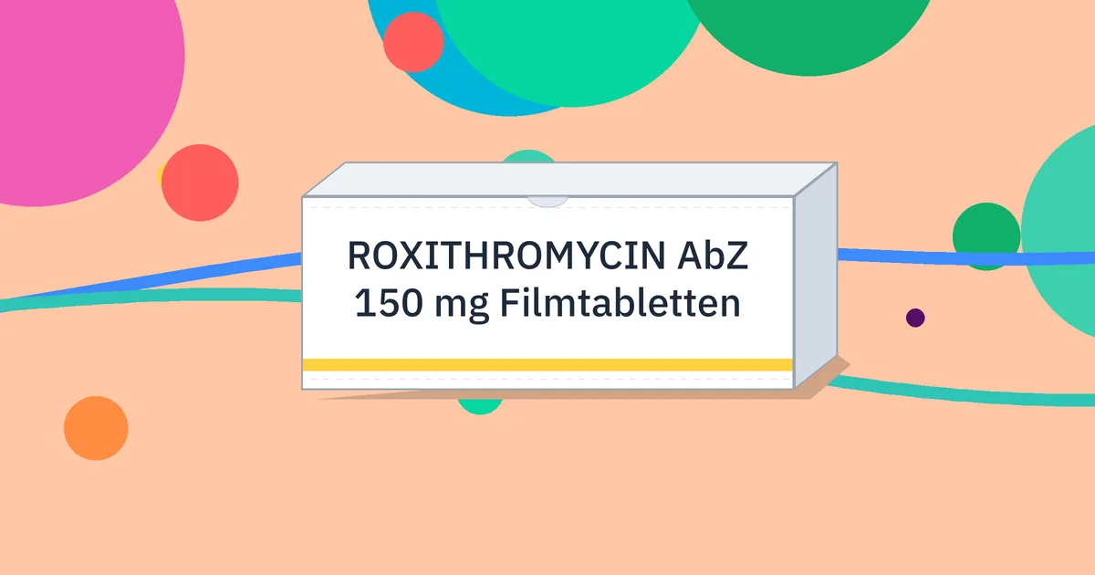 Symbolbild: Packung mit der Aufschrift ROXITHROMYCIN AbZ 150 mg Filmtabletten (PZN 00094225) – Verfügbarkeit und Bezug in Apotheken in Frankfurt am Main
