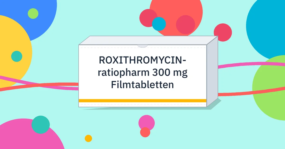 Symbolbild: Packung mit der Aufschrift ROXITHROMYCIN-ratiopharm 300 mg Filmtabletten (PZN 01410007) – Verfügbarkeit und Bezug in Apotheken in Frankfurt am Main