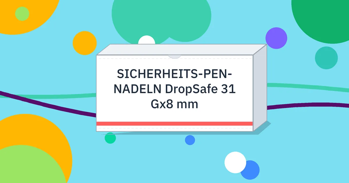 Symbolbild: Packung mit der Aufschrift SICHERHEITS-PEN-NADELN DropSafe 31 Gx8 mm (PZN 19703715) – Verfügbarkeit und Bezug in Apotheken in Frankfurt am Main