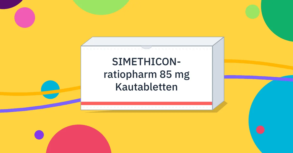 Symbolbild: Packung mit der Aufschrift SIMETHICON-ratiopharm 85 mg Kautabletten (PZN 01364796) – Verfügbarkeit und Bezug in Apotheken in Frankfurt am Main