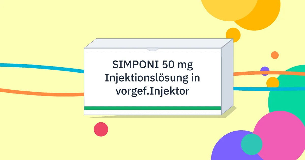 Symbolbild: Packung mit der Aufschrift SIMPONI 50 mg Injektionslösung in vorgef.Injektor (PZN 11684214) – Verfügbarkeit und Bezug in Apotheken in Frankfurt am Main
