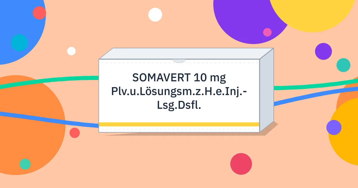 Symbolbild: Packung mit der Aufschrift SOMAVERT 10 mg Plv.u.Lösungsm.z.H.e.Inj.-Lsg.Dsfl. (PZN 15323950) – Verfügbarkeit und Bezug in Apotheken in Frankfurt am Main