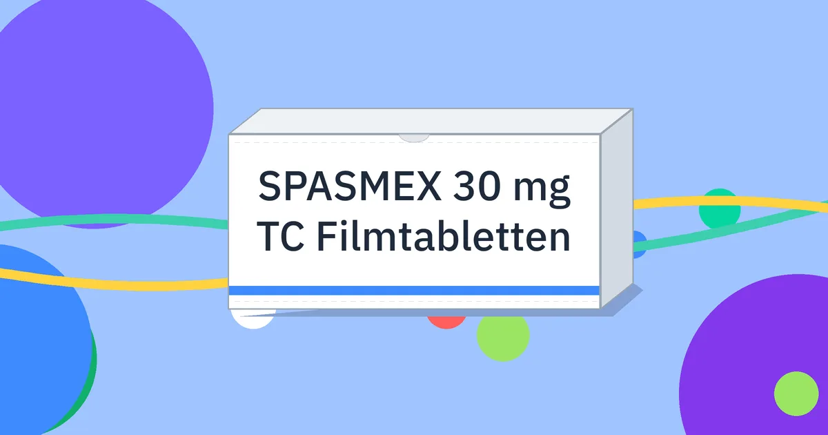 Symbolbild: Packung mit der Aufschrift SPASMEX 30 mg TC Filmtabletten (PZN 18032880) – Verfügbarkeit und Bezug in Apotheken in Frankfurt am Main