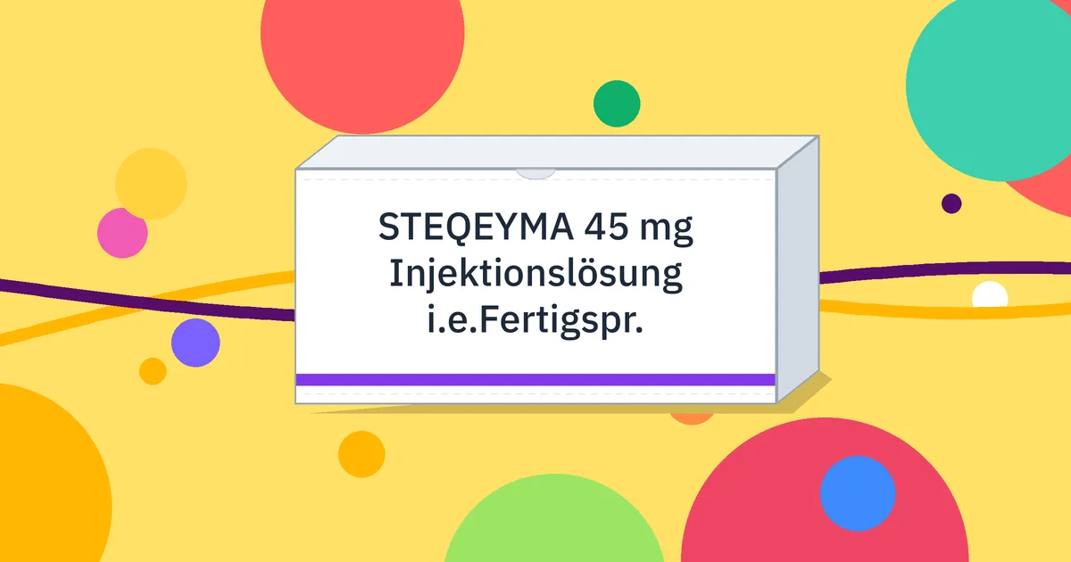 Symbolbild: Packung mit der Aufschrift STEQEYMA 45 mg Injektionslösung i.e.Fertigspr. (PZN 19906594) – Verfügbarkeit und Bezug in Apotheken in Frankfurt am Main